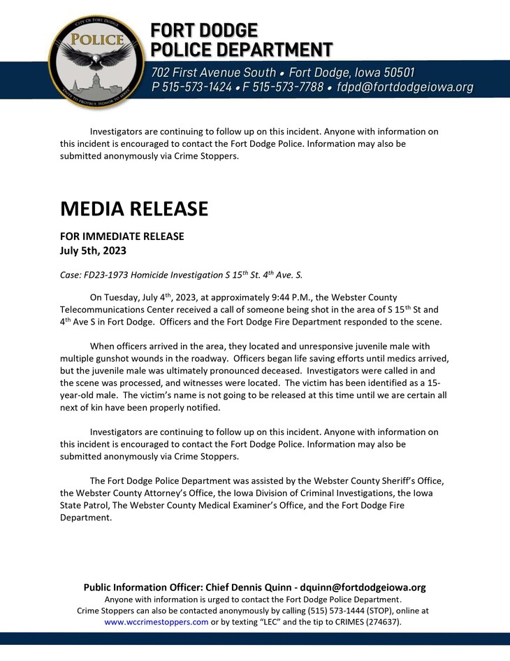 DCI ASSISTING FORT DODGE POLICE WITH HOMICIDE INVESTIGATION | Iowa ...