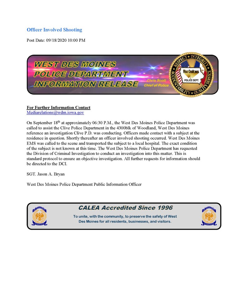 DCI Assists West Des Moines With Officer-Involved Shooting ...