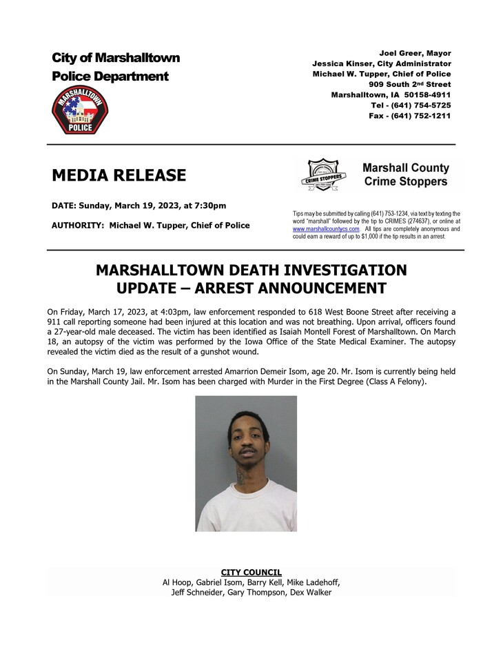 MARSHALLTOWN DEATH INVESTIGATION UPDATE - ARREST | Iowa Department of ...