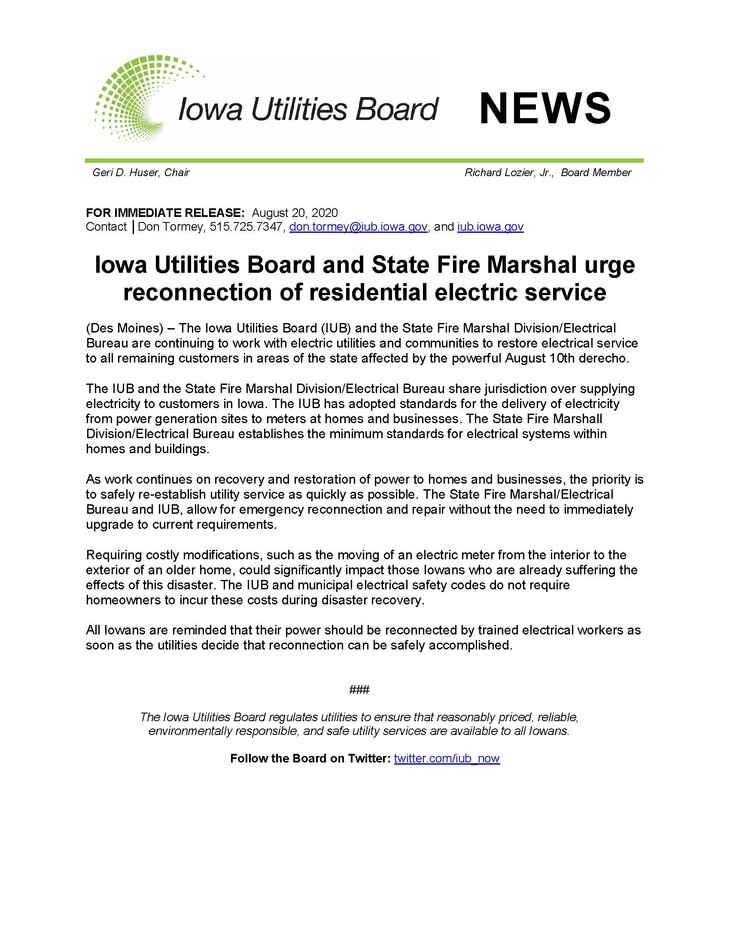 Iowa Utilities Board and State Fire Marshal Urge Reconnection of ...
