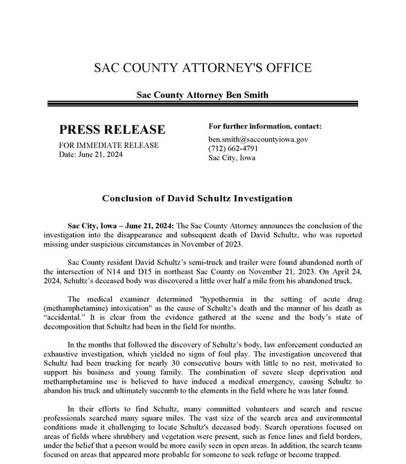 Sac County Attorney's Office: Conclusion of David Schultz Investigation ...