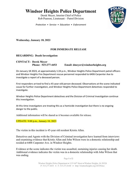 DCI ASSISTING WINDSOR HEIGHTS PD WITH DEATH INVESTIGATION | Iowa ...