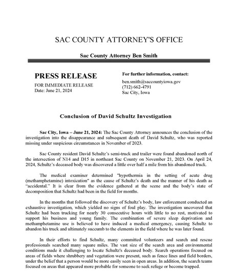 Sac County Attorney's Office: Conclusion of David Schultz Investigation ...